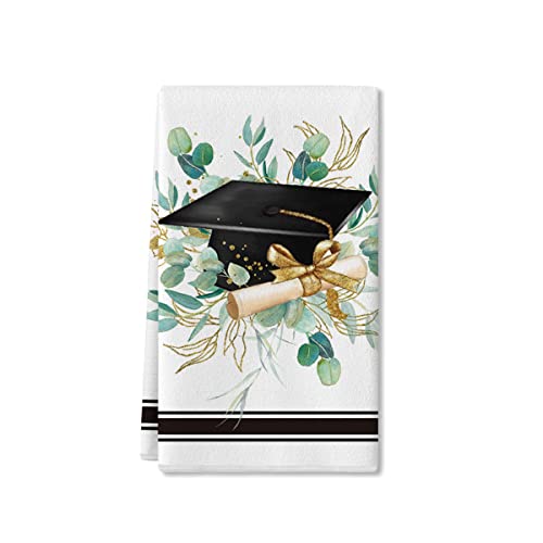 Artoid Mode Congrats Eucalyptus Leaves Diploma Cap Fingertip Towel, 18x26 Inch Soft Absorbent Graduation Party Hand Towel for Kitchen Decoration