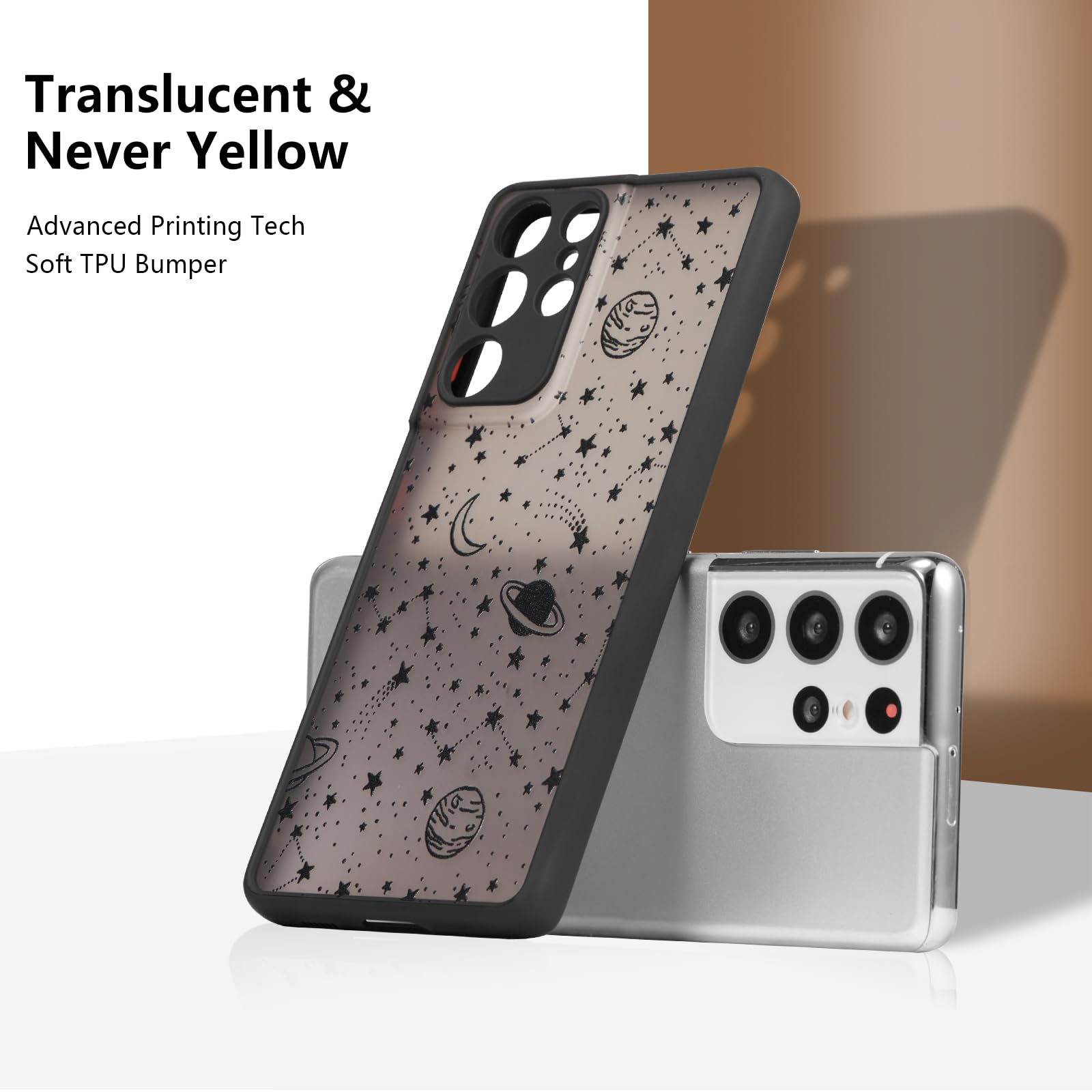 ZTOFERA Compatible with Samsung Galaxy S21 Ultra 5g Case (6.8 Inch), Planet Sky Star Pattern Protective Phone Case Translucent Frosted Hard PC Back Case Silicone Bumper Shockproof Cover - Black Sky