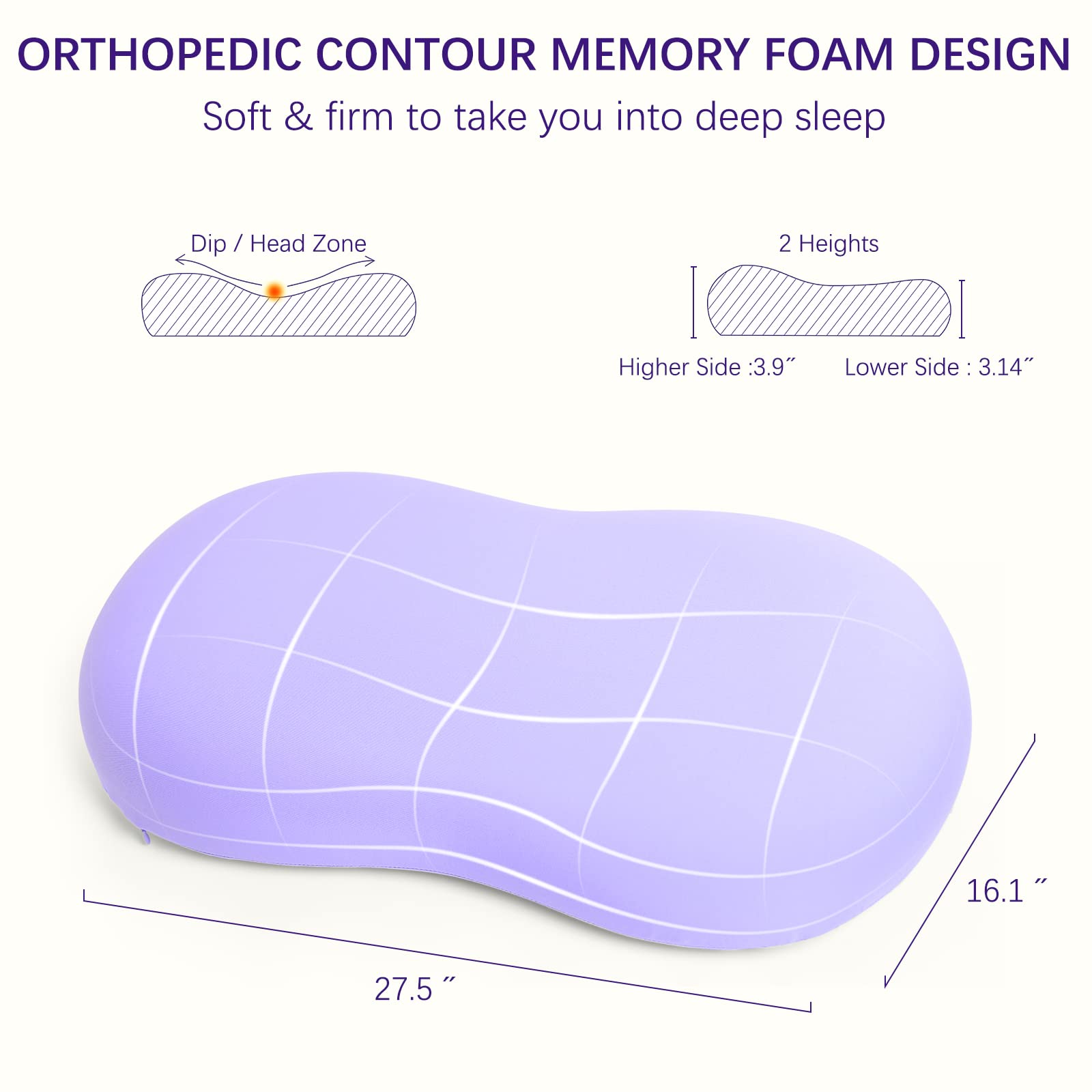 KEEPMOV Memory Foam Pillows - Cervical Neck Pillows for Pain Relief, Ergonomic Contour Pillow for Side Back Stomach Sleepers (Purple)