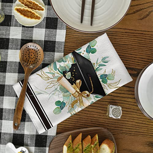 Artoid Mode Congrats Eucalyptus Leaves Diploma Cap Fingertip Towel, 18x26 Inch Soft Absorbent Graduation Party Hand Towel for Kitchen Decoration