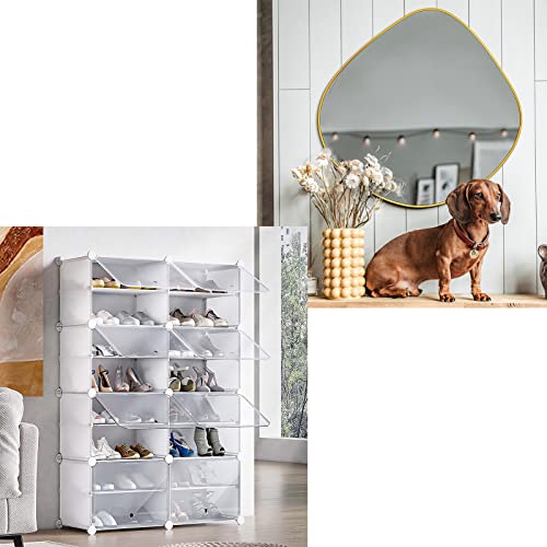 UNZIPE 8 Cube 32 Pairs Shoe Storage Cabinet Bundle with 23x24 inch Gold Asymmetrical Mirror Wall for Entryway Decor