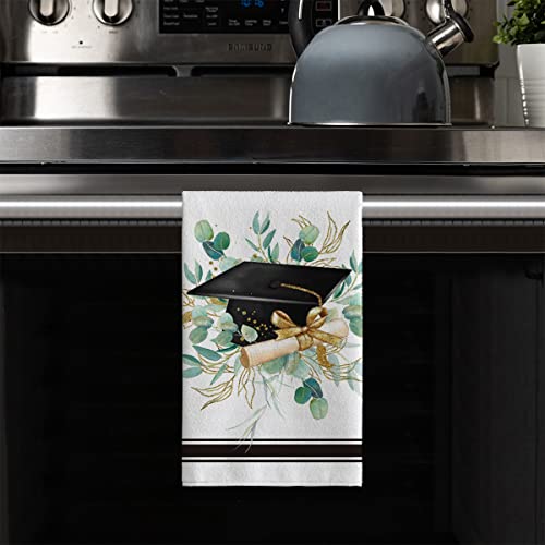 Artoid Mode Congrats Eucalyptus Leaves Diploma Cap Fingertip Towel, 18x26 Inch Soft Absorbent Graduation Party Hand Towel for Kitchen Decoration