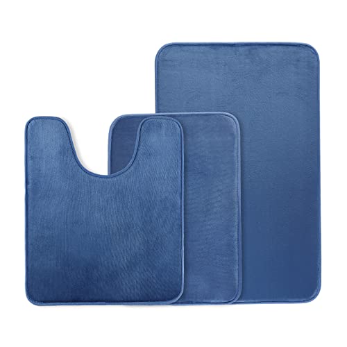 BSAOUTZ Bathroom Rugs 3 Piece, Blue Memory Foam Bath Mat Set, Non Slip and Absorbent Mats, Washable Bath Mat Sets for Bathroom Shower Tub