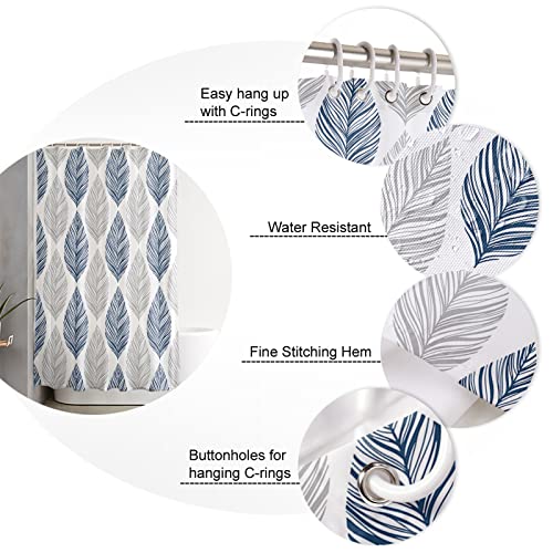 4 Pcs Shower Curtain Set with 12 Hooks Grey and Navy Blue Olive Leaf Texture Watercolor Hand Drawn Bathroom Sets with Non-Slip Bath Mat Toilet Lid Cover Waterproof Durable Shower Curtain and Rugs