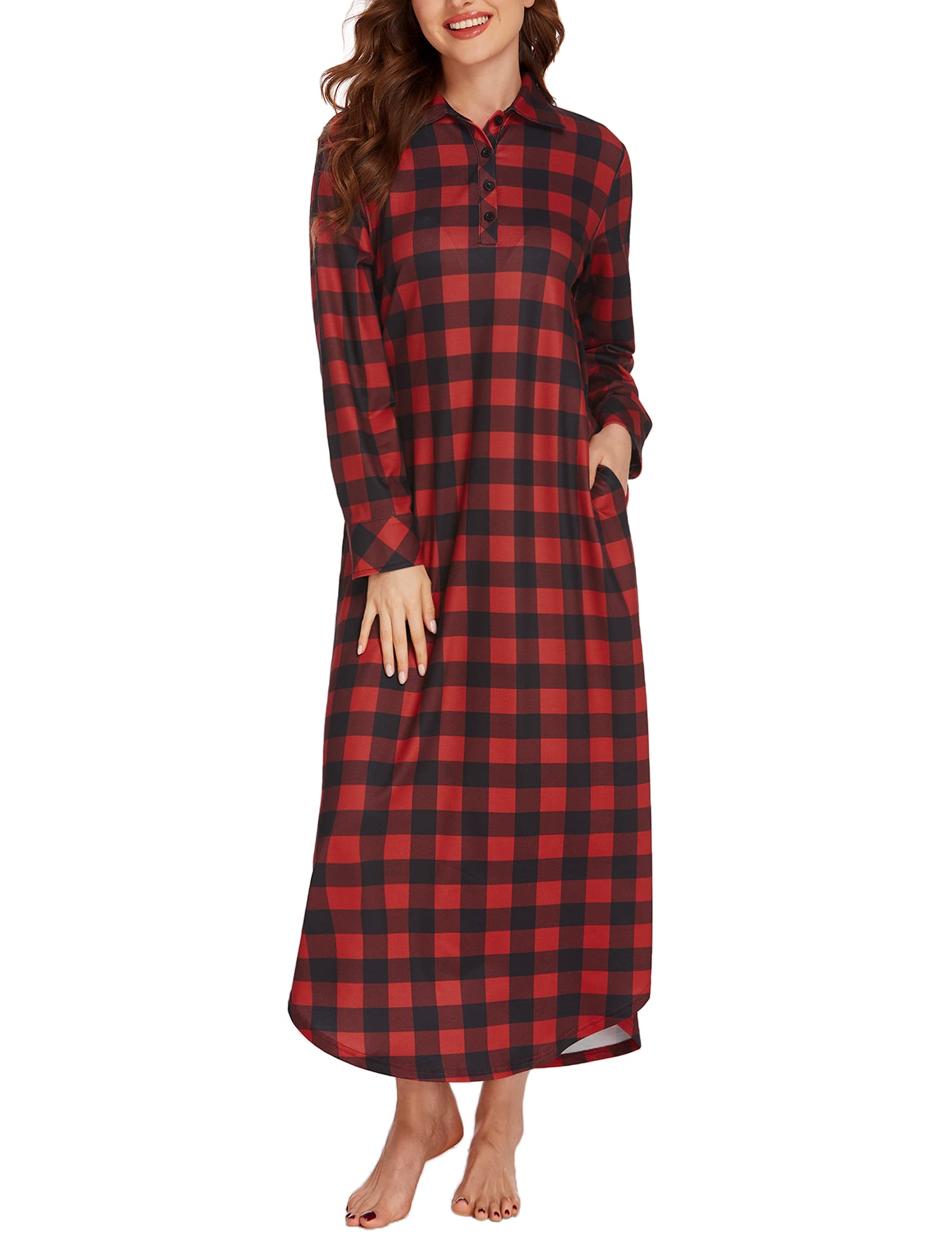 Ekouaer Women's Nightgown Long Sleeve Nightshirt Full Length Loungewear Plaid Sleepwear With Pockets, Red Plaid, Large