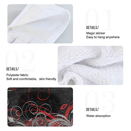 Oyihfvs Red Black Grey Floral Leaf Swirl Abstract Background 2 Pcs Hanging Kitchen Hand Towels, Hanging Tie Towels with Hook & Loop Dishcloths Sets, Decorative Absorbent Tea Bar Bath Hand Towel