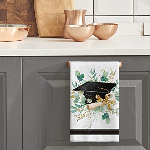 Artoid Mode Congrats Eucalyptus Leaves Diploma Cap Fingertip Towel, 18x26 Inch Soft Absorbent Graduation Party Hand Towel for Kitchen Decoration