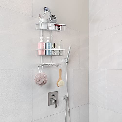smusei Shower Caddy Over Shower Head Aluminum Shower Organizer Hanging Bathroom Shower Shelves for Inside Shower 3 Tier Shower Racks with Hooks and Shampoo Soap Razor Holder - Silver