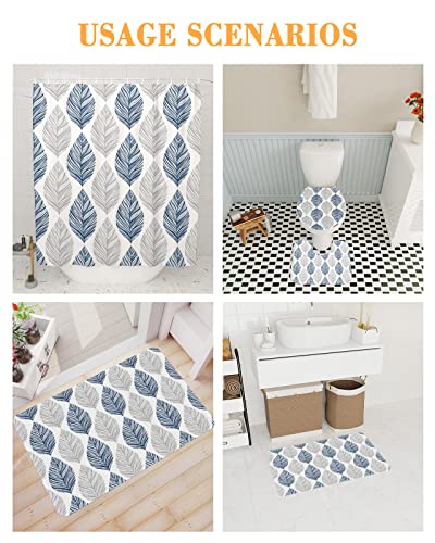 4 Pcs Shower Curtain Set with 12 Hooks Grey and Navy Blue Olive Leaf Texture Watercolor Hand Drawn Bathroom Sets with Non-Slip Bath Mat Toilet Lid Cover Waterproof Durable Shower Curtain and Rugs