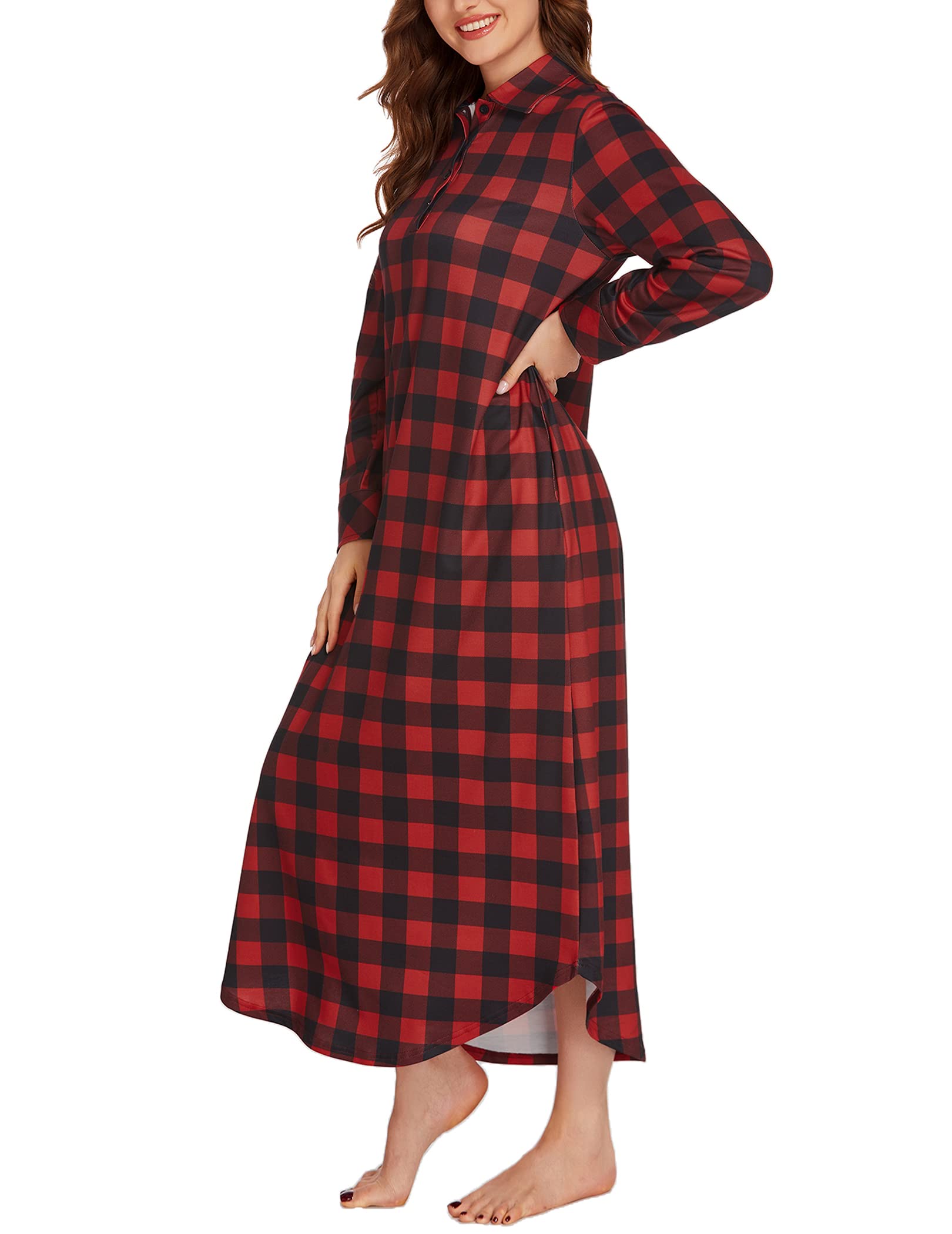 Ekouaer Women's Nightgown Long Sleeve Nightshirt Full Length Loungewear Plaid Sleepwear With Pockets, Red Plaid, Large