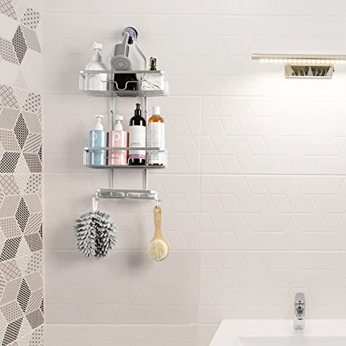 smusei Shower Caddy Over Shower Head Aluminum Shower Organizer Hanging Bathroom Shower Shelves for Inside Shower 3 Tier Shower Racks with Hooks and Shampoo Soap Razor Holder - Silver