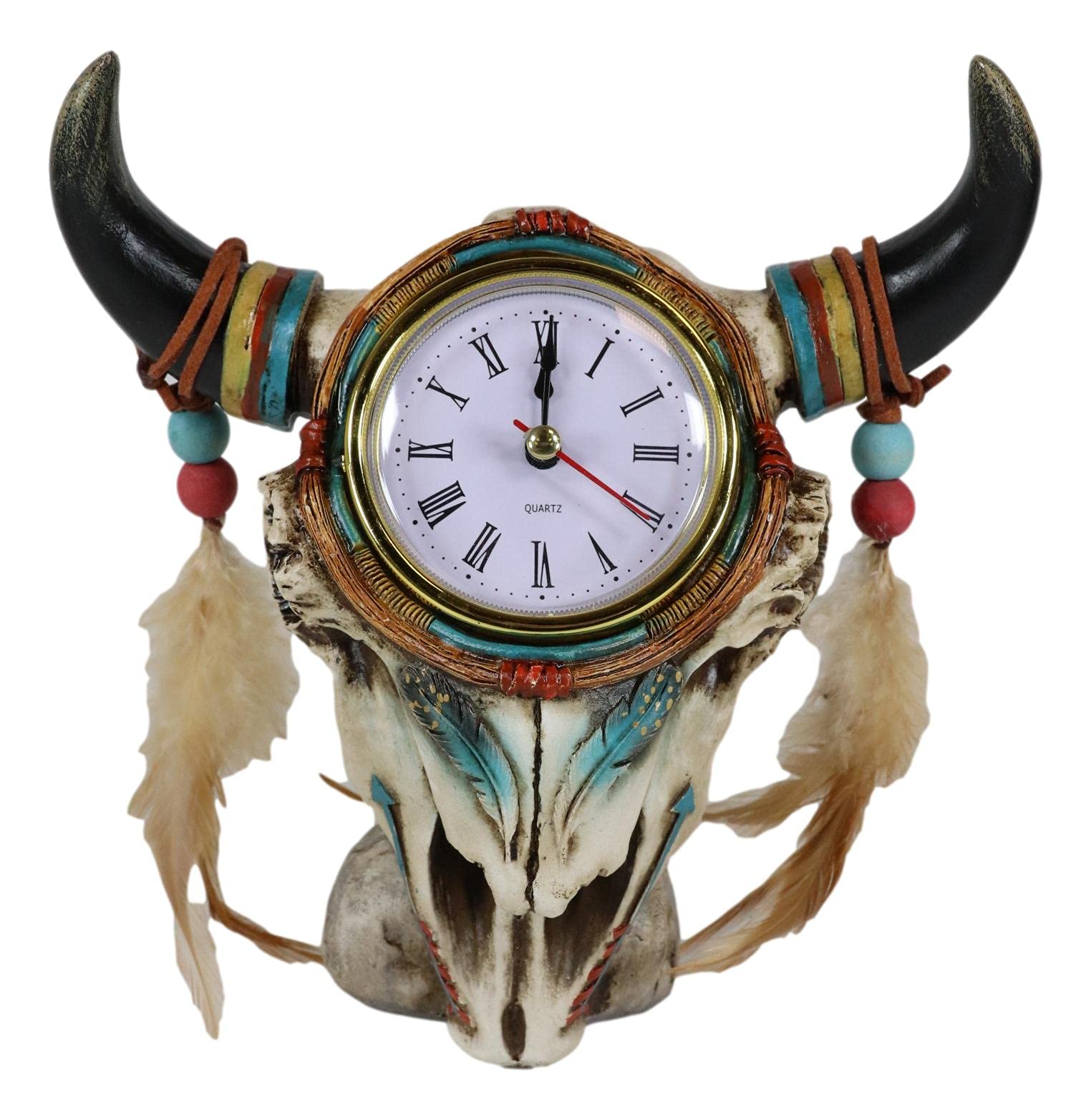 Ebros Southwestern Native American Indian Dreamcatcher Feathers Steer Bull Cow Skull Decorative Desktop Table Clock Figurine Turquoise Spirit Skulls Cows Medicine Bison Western Talisman Accent