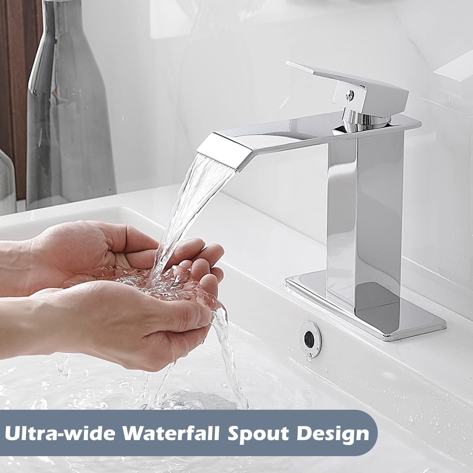 BWE Bathroom Faucet Chrome Modern Waterfall with Pop Up Drain for Sink 1 Single Hole Bathroom Sink Faucet Parts Spout Bath Lavatory Vanity Stopper Overflow and Supply Hose Single Handle Square