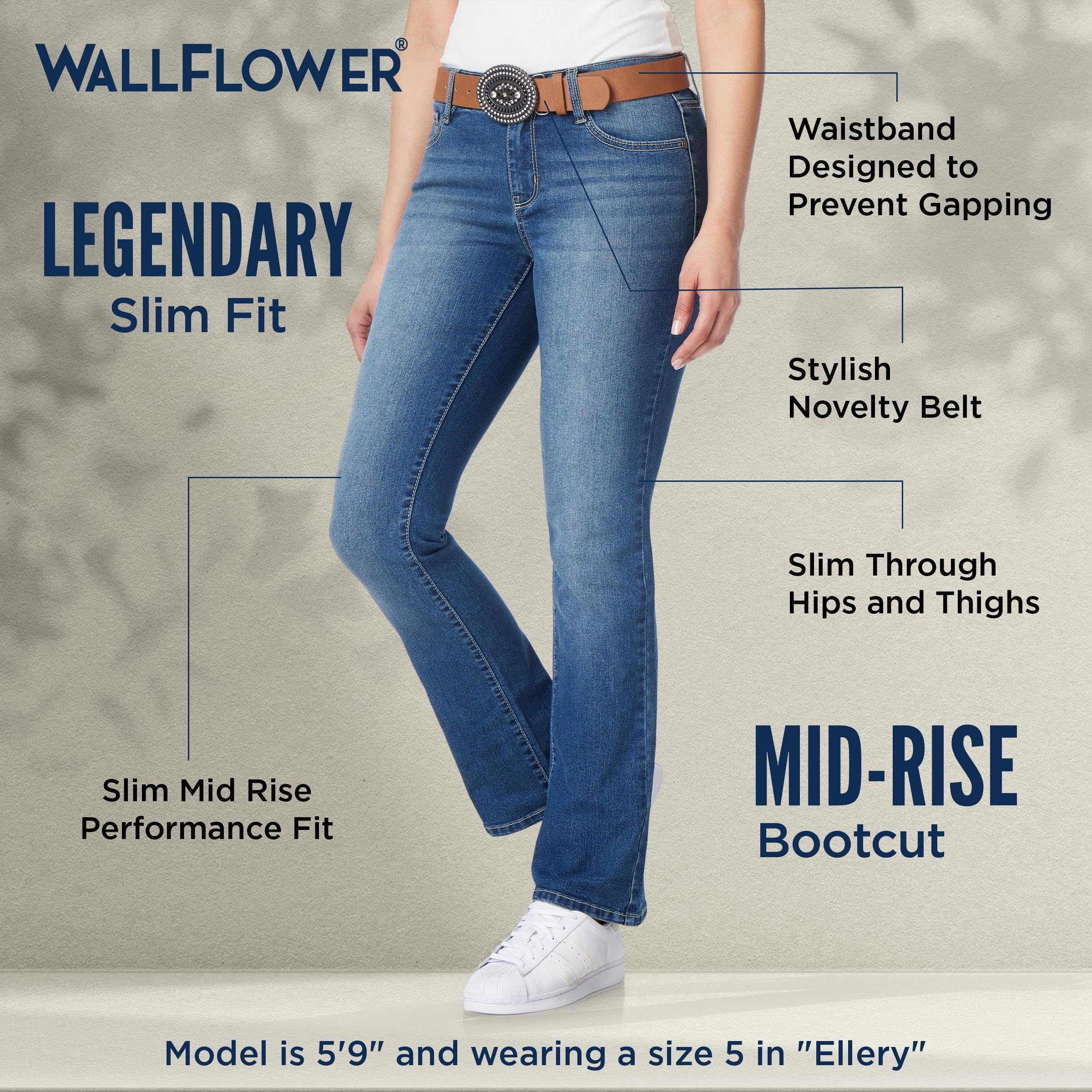 WallFlower Women's Legendary Slim Bootcut Mid-Rise Belted Insta Stretch Juniors Jeans (Standard and Plus), Eden, 9