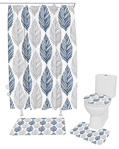 4 Pcs Shower Curtain Set with 12 Hooks Grey and Navy Blue Olive Leaf Texture Watercolor Hand Drawn Bathroom Sets with Non-Slip Bath Mat Toilet Lid Cover Waterproof Durable Shower Curtain and Rugs