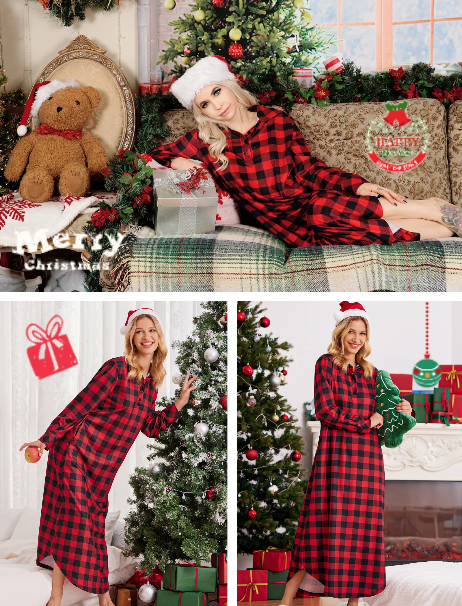 Ekouaer Women's Nightgown Long Sleeve Nightshirt Full Length Loungewear Plaid Sleepwear With Pockets, Red Plaid, Large