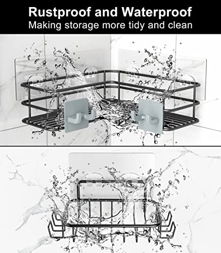 Purdaz Corner Shower Caddy Shelf Organizer with Soap Dish, Rustproof Bathroom Basket with 8 Hooks, Adhesive No Drilling, Black