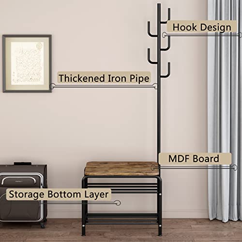 LINZINAR Coat Rack Shoe Bench 3 in 1 Design Hall Tree Storage Bench Industrial Style Coat Tree for Bedroom Living Room Entryway, Black