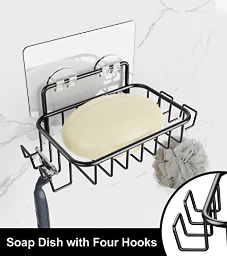 Purdaz Corner Shower Caddy Shelf Organizer with Soap Dish, Rustproof Bathroom Basket with 8 Hooks, Adhesive No Drilling, Black