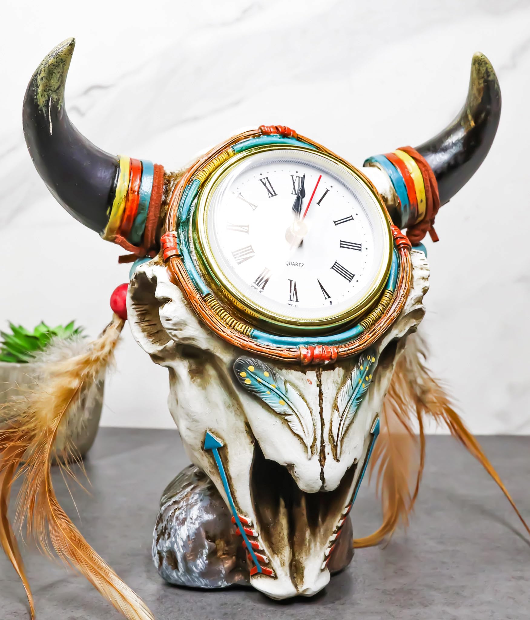 Ebros Southwestern Native American Indian Dreamcatcher Feathers Steer Bull Cow Skull Decorative Desktop Table Clock Figurine Turquoise Spirit Skulls Cows Medicine Bison Western Talisman Accent