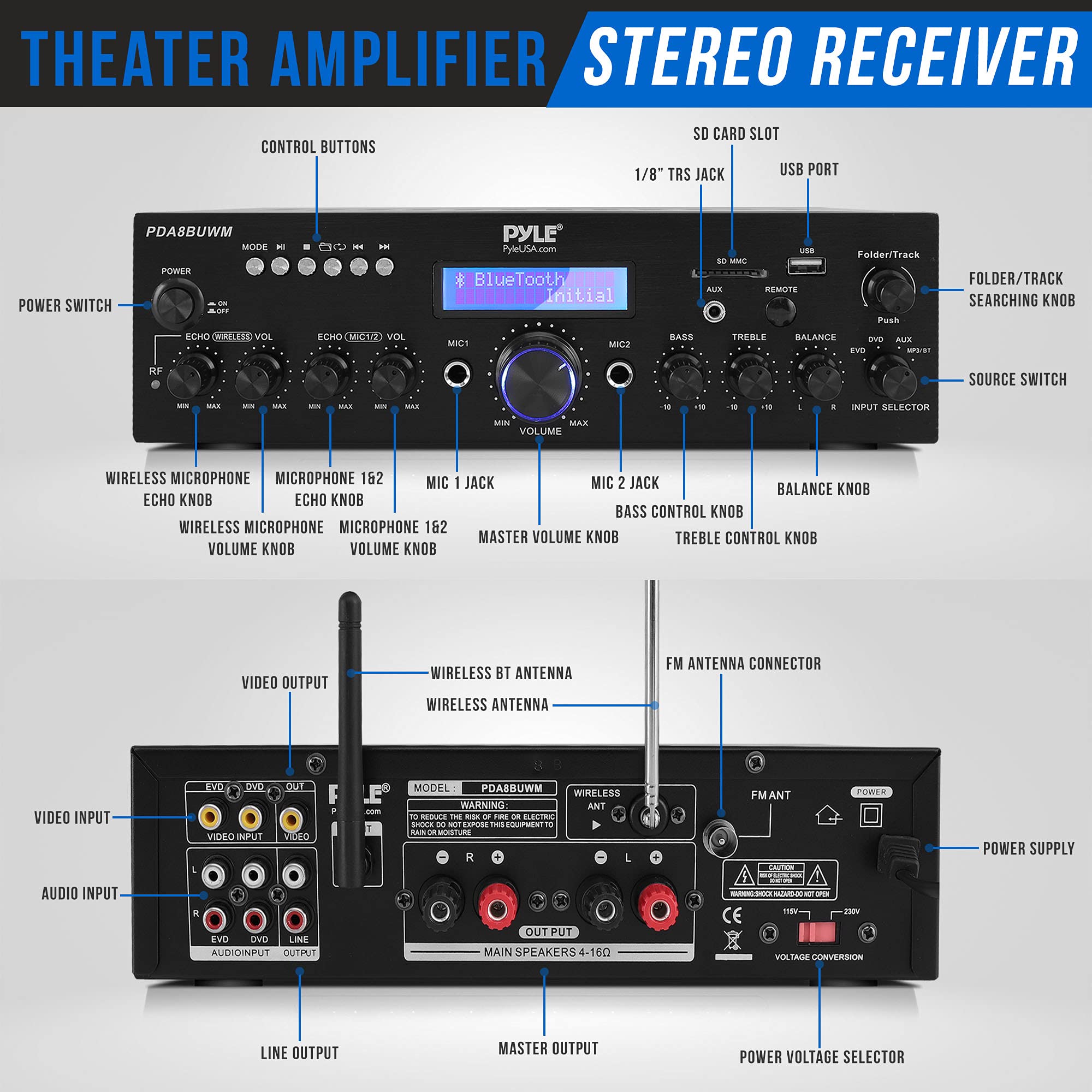 Pyle Wireless Microphone Power Amplifier System - 200W Dual Channel Sound Audio Stereo Karaoke Speaker Receiver w/USB, AUX, Microphone in w/Echo, Radio,Home Theater via RCA, Studio Use PDA8BUWM.5