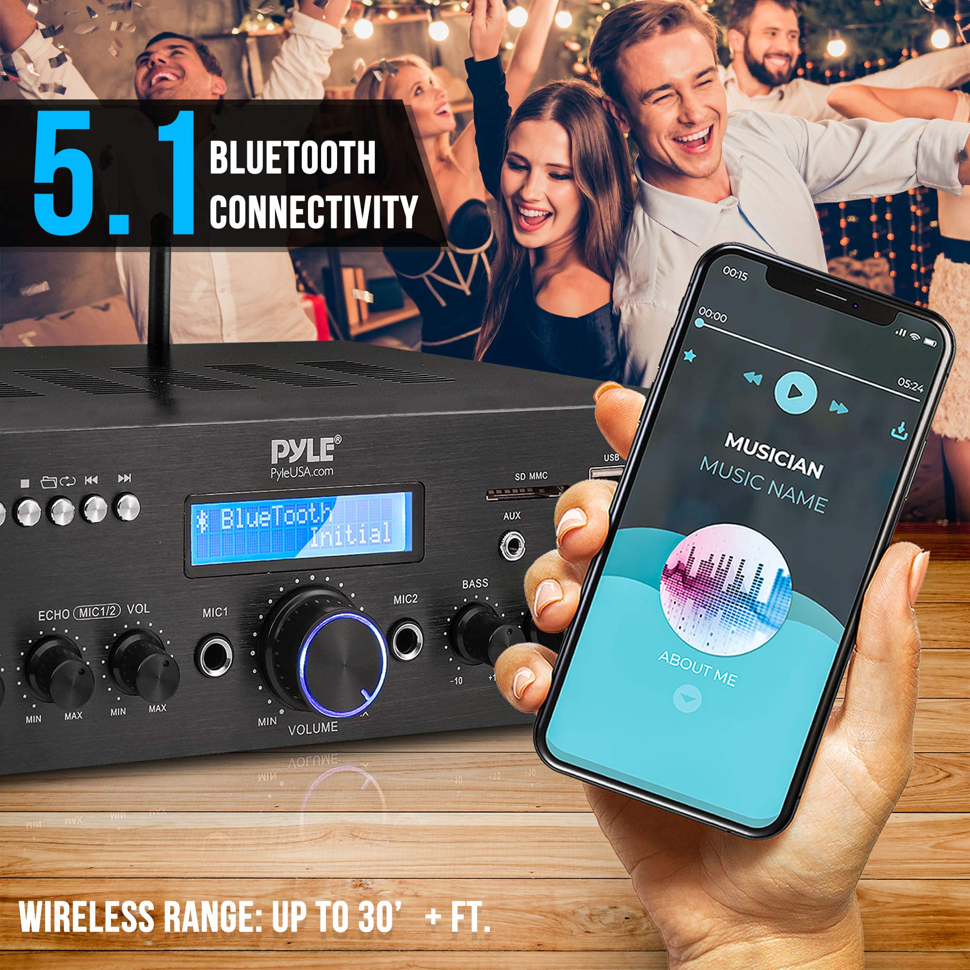 Pyle Wireless Microphone Power Amplifier System - 200W Dual Channel Sound Audio Stereo Karaoke Speaker Receiver w/USB, AUX, Microphone in w/Echo, Radio,Home Theater via RCA, Studio Use PDA8BUWM.5
