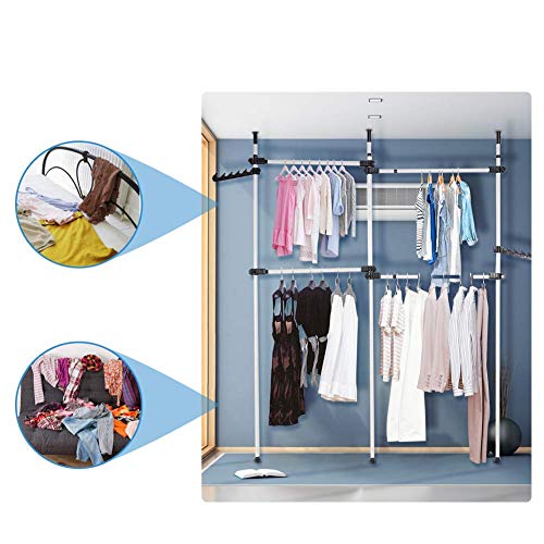 Adjustable Clothing Rack, Closet System Organizer and Storage Height Garment Closet Rack with Hooks DIY Coat Hanger Telescopic Hanging Clothes Garment Rack for Living Room, Bedroom
