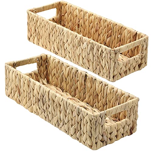 Graciadeco Nesting Storage Toilet Tank Baskets, Water Hyacinth Back of Toilet Paper Basket Wicker Storage Basket for Toilet Tank Top Woven Long Narrow Baskets for Organizing Bathroom Pantry, 2 Pack