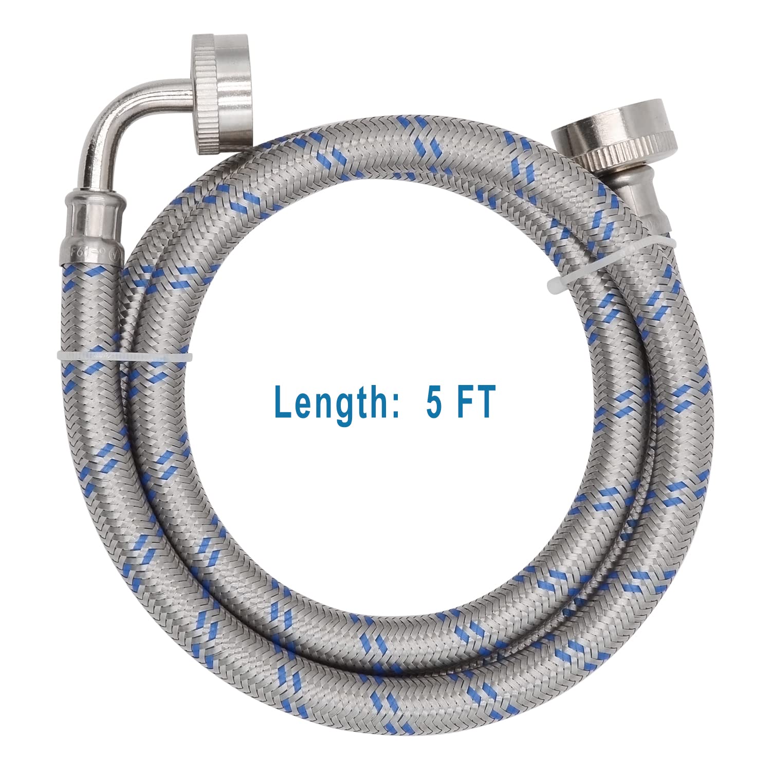 VALFLUIDS Stainless Steel Washing Machine Hoses with 90 Degree Elbow, Red and Blue Striped Water Connection Inlet Supply Lines (5 Foot)