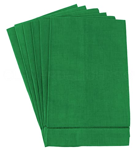 CleverDelights Green Hemstitched Hand Towels - 6 Pack - 14" x 22" - 55/45 Linen Cotton Blend