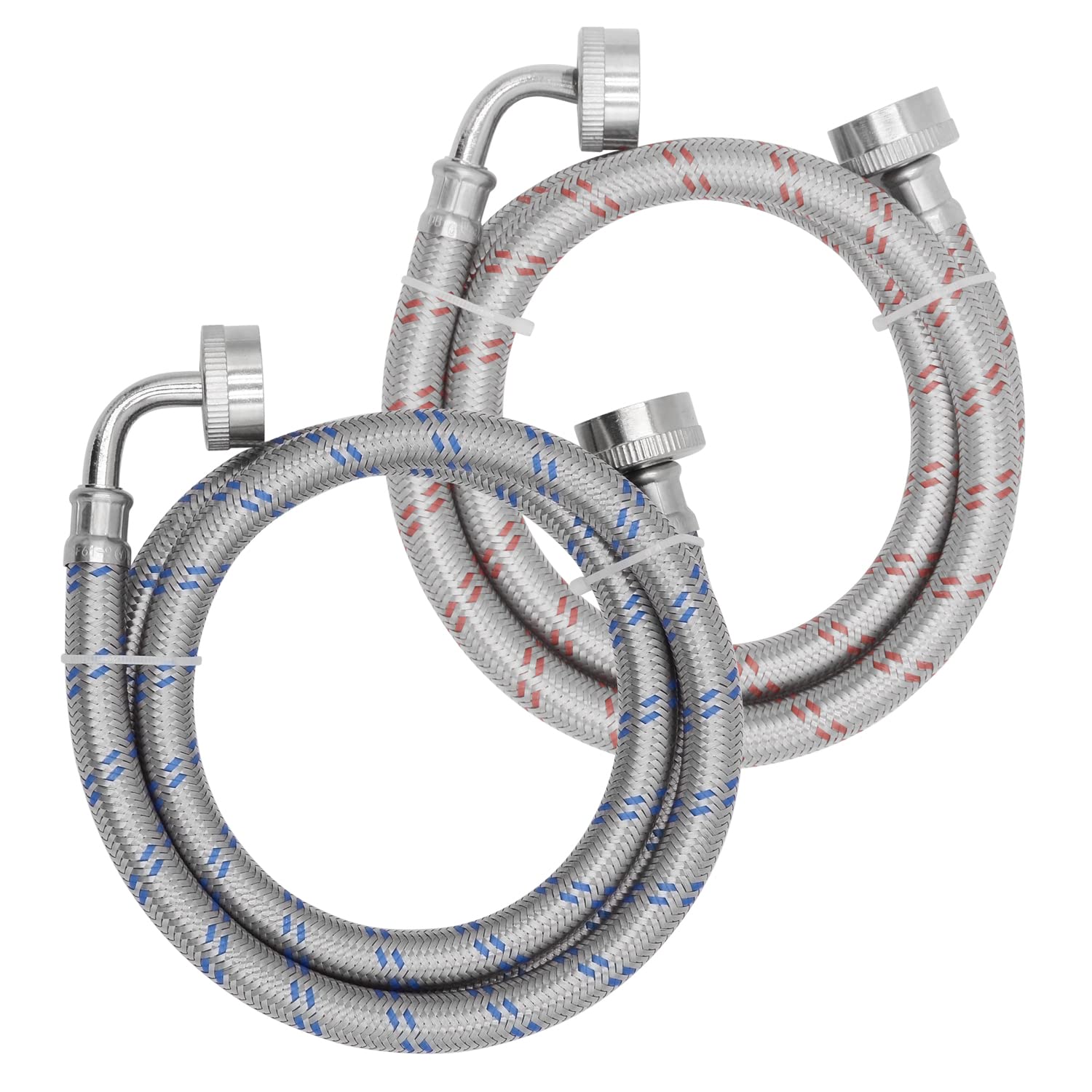 VALFLUIDS Stainless Steel Washing Machine Hoses with 90 Degree Elbow, Red and Blue Striped Water Connection Inlet Supply Lines (5 Foot)