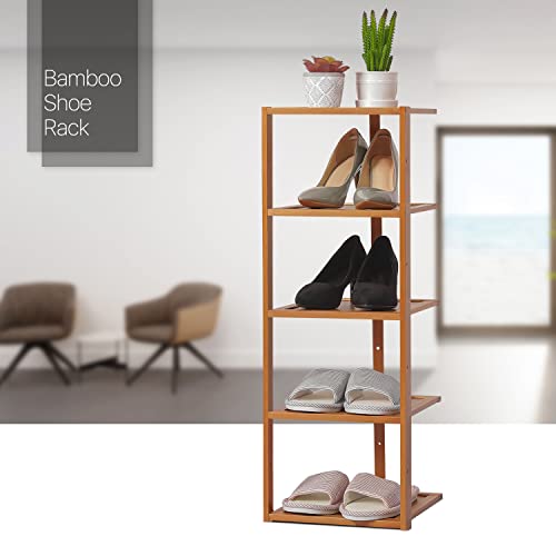 MoNiBloom 5 Tier Shoe Rack, Bamboo Narrow Single Pairs Shoe Storage Space Saving Ventilated Shoe Organizer for Small Spaces Corner Hallway Entryway, Brown
