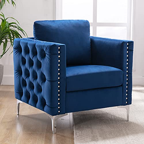 Harper & Bright Designs Modern Velvet Armchair, Tufted Button Accent Chair Club Chair with Steel Legs for Living Room Bedroom, Navy