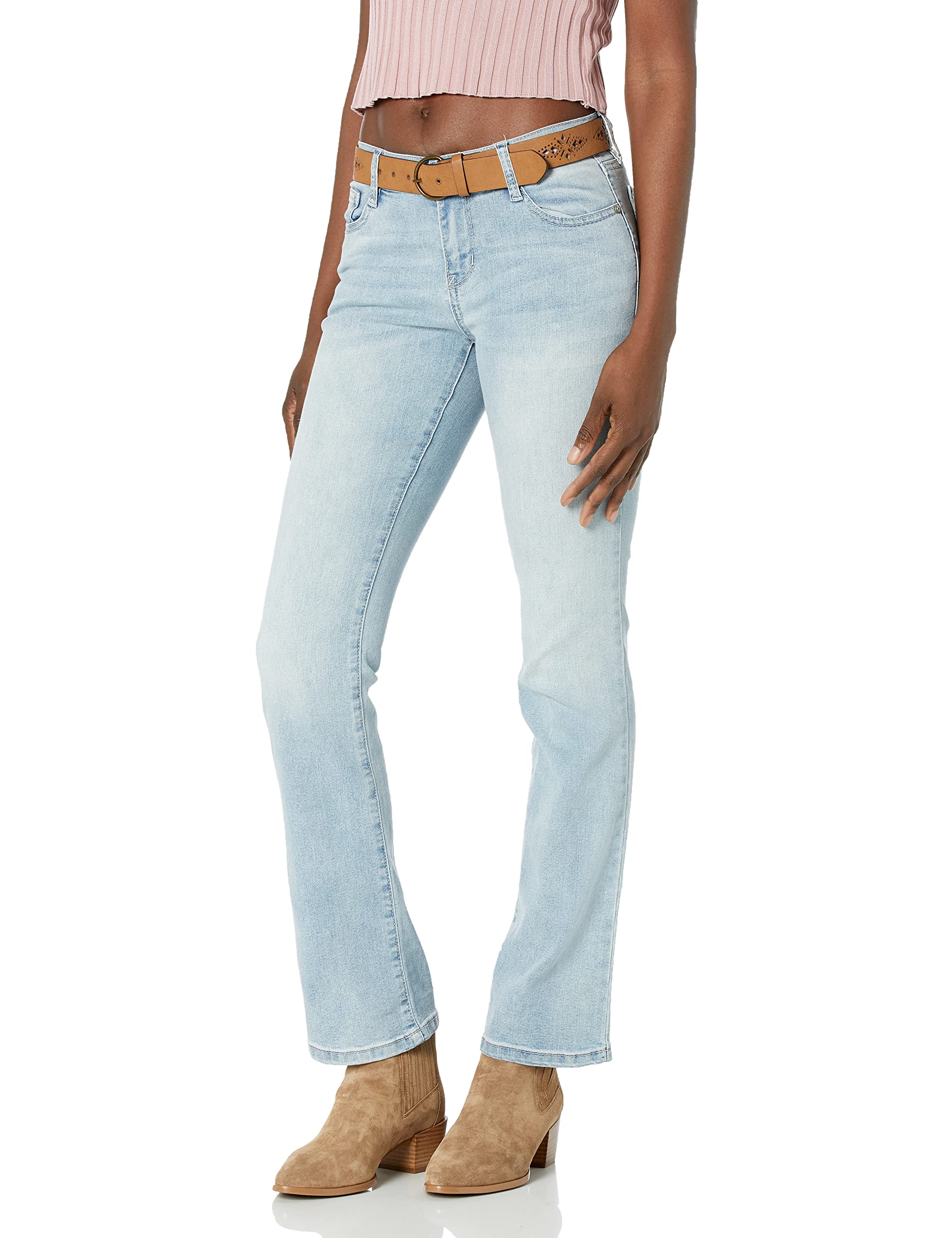 WallFlower Women's Legendary Slim Bootcut Mid-Rise Belted Insta Stretch Juniors Jeans (Standard and Plus), Union, 15