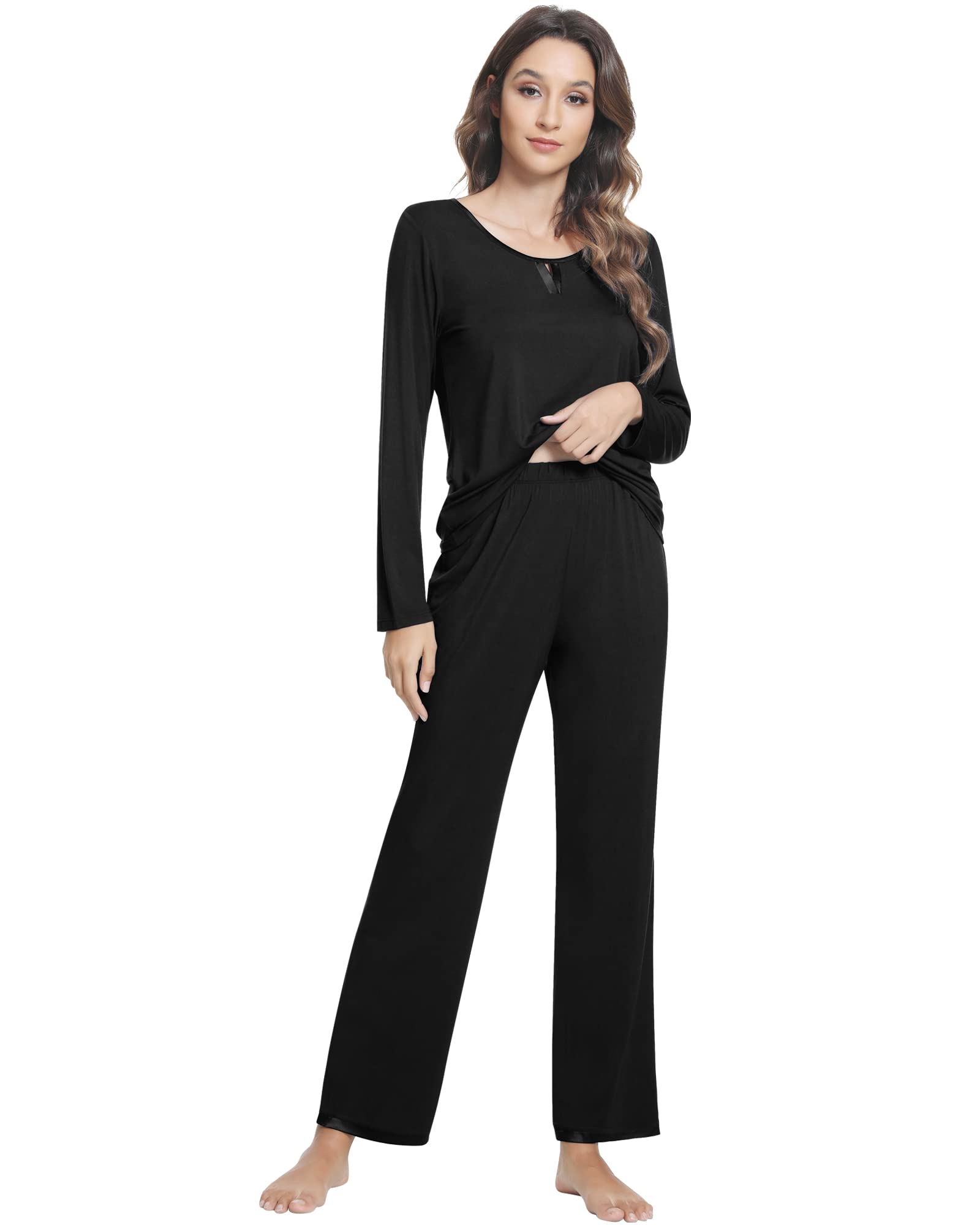 NACHILA Pajamas Set for Women Long Sleeve Pjs Soft Sleepwear Comfy Loungewear Sets with Pants, Viscose Made from Bamboo Black XX-Large