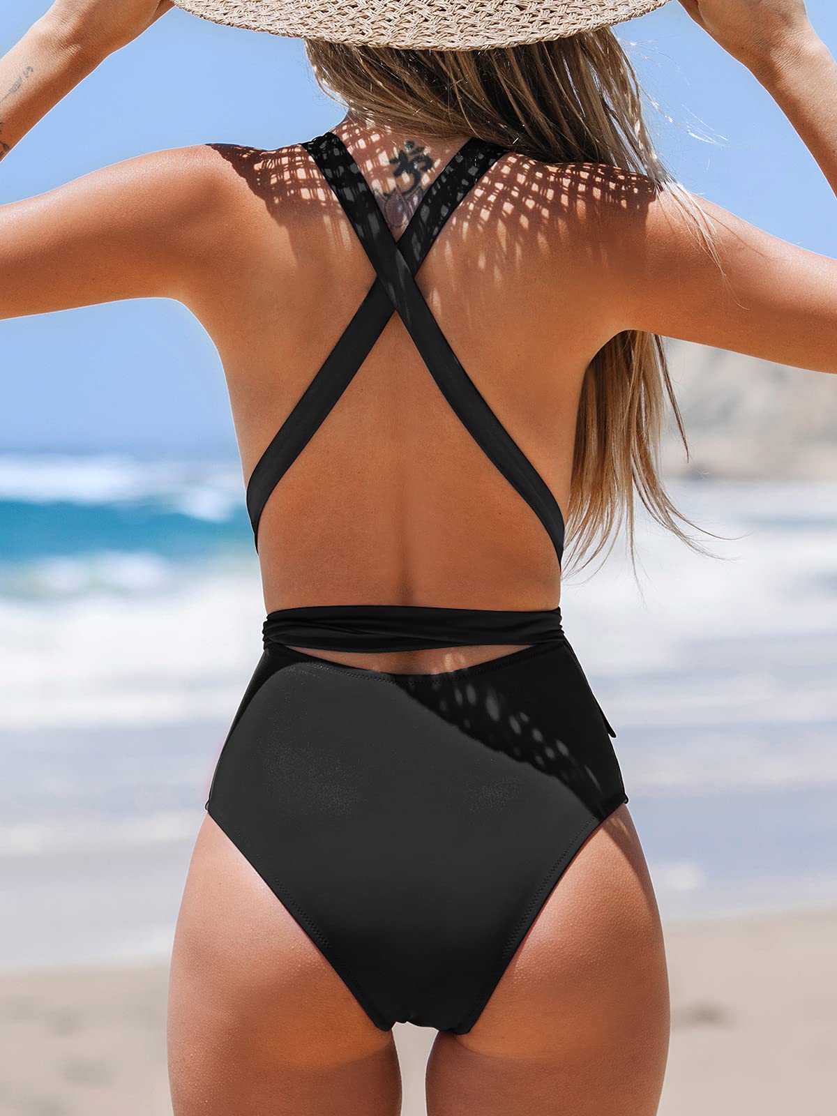 CUPSHE Women's One Piece Swimsuit Sexy Deep V Neck Black Tie Bathing Suit, M