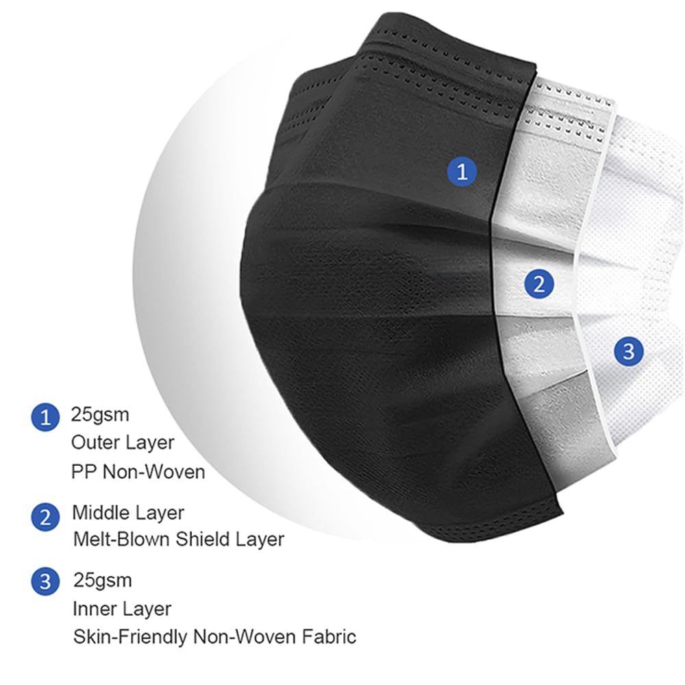 MTYX Black Disposable Face Masks 3 Ply 50PCS - Individually Wrapped - Durable - Odorless - Hygienic