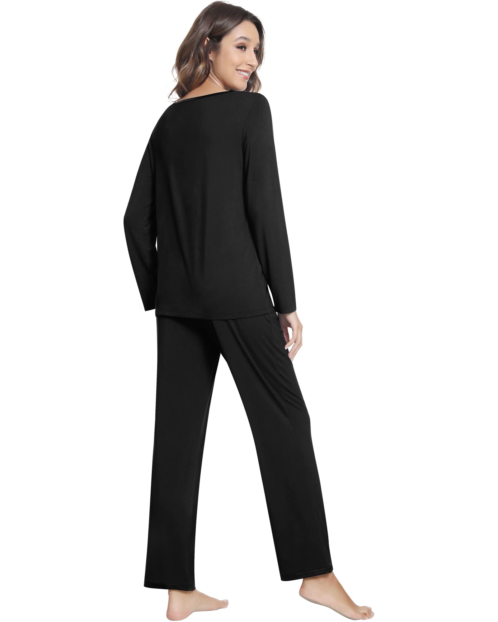 NACHILA Pajamas Set for Women Long Sleeve Pjs Soft Sleepwear Comfy Loungewear Sets with Pants, Viscose Made from Bamboo Black XX-Large