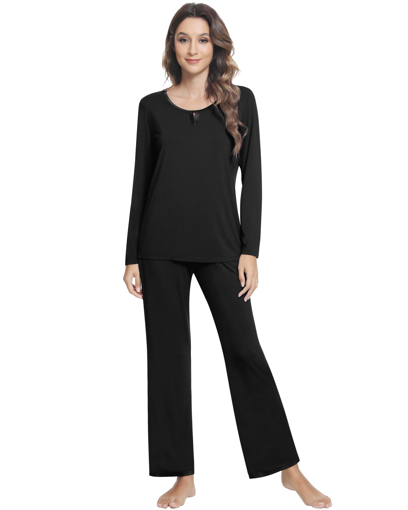 NACHILA Pajamas Set for Women Long Sleeve Pjs Soft Sleepwear Comfy Loungewear Sets with Pants, Viscose Made from Bamboo Black XX-Large