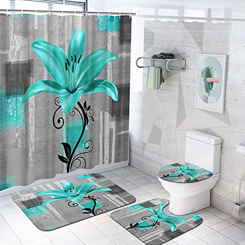 DuoBaorom 4 Pieces Set Teal Lily Flower Shower Curtain Set Geometric Floral Green and Grey Art on Non-Slip Rugs Toilet Lid Cover Bath Mat and Bathroom Curtain with 12 Hooks 72x72inch