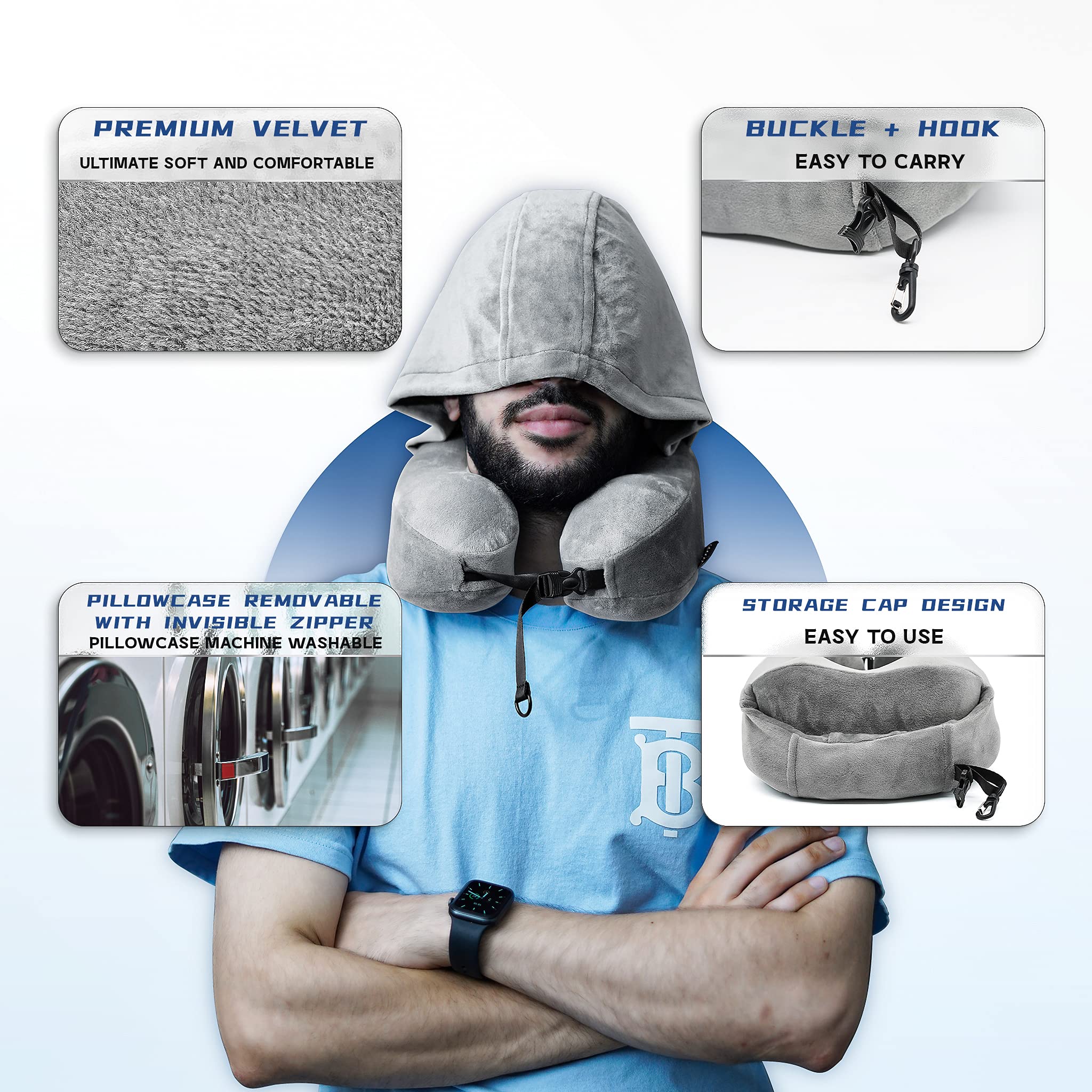 Cuddool Hoodie Travel Pillow Memory Foam Neck Pillow Head Chin Support Airplane, Car, Office & Home Sleep Rest Traveling Pillow(Gray,M)