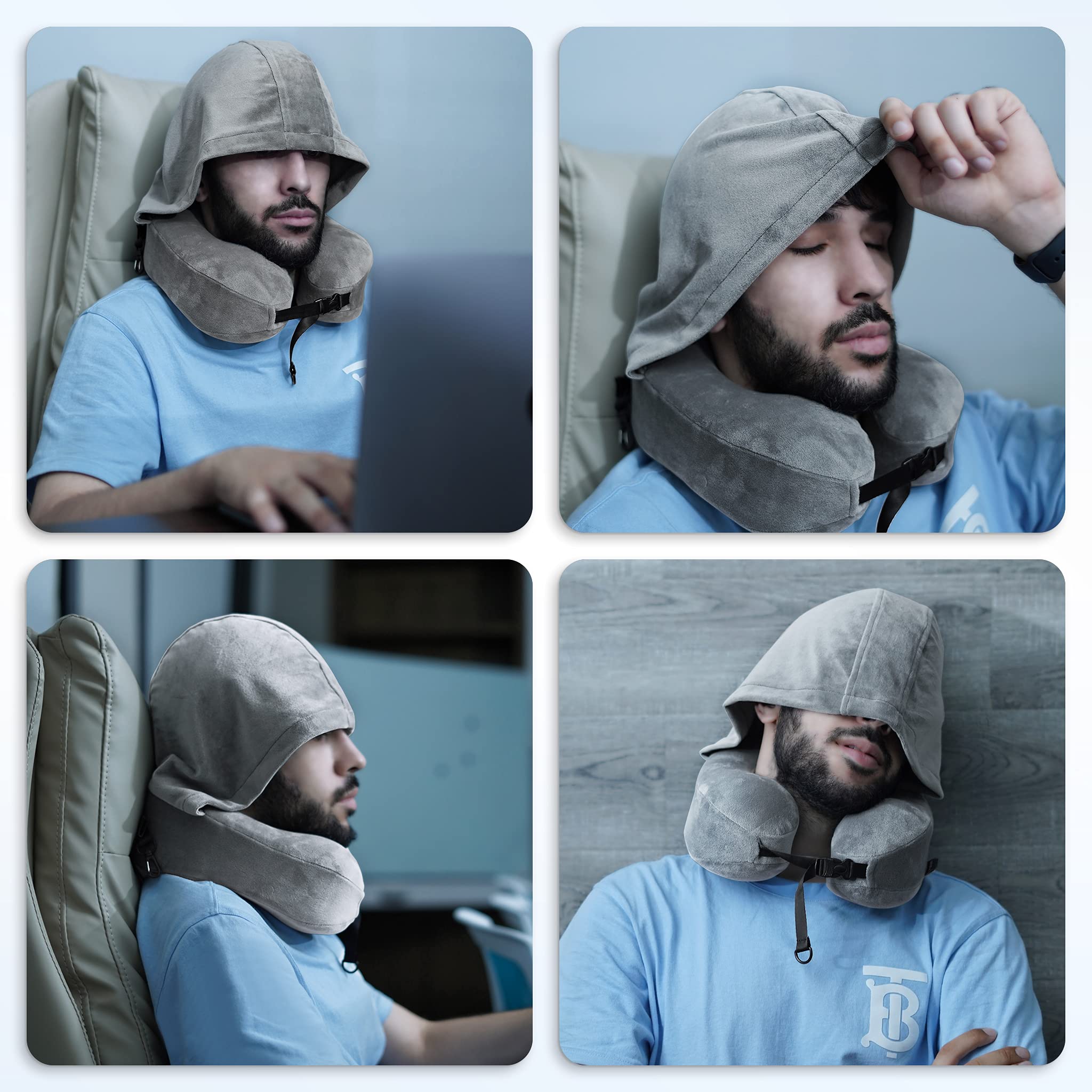 Cuddool Hoodie Travel Pillow Memory Foam Neck Pillow Head Chin Support Airplane, Car, Office & Home Sleep Rest Traveling Pillow(Gray,M)