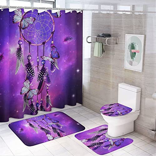 EEncantoo 4 Piece Dreamcatcher Butterflies Purple Art Shaggy Rugs + Contour Mat & Lid Cover Rubber Backing + Quick Dry Shower Stall Curtain for Dorm Room, Tub and Shower