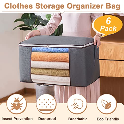 6-Pack Clothes Organizer Storage Bag, 49L Foldable Storage Bins Closet Storage Containers with Clear Window and Reinforced Handles for Dorm, Blanket, Pillows, Bedding, Sweaters, Coats, Stuffed Toys