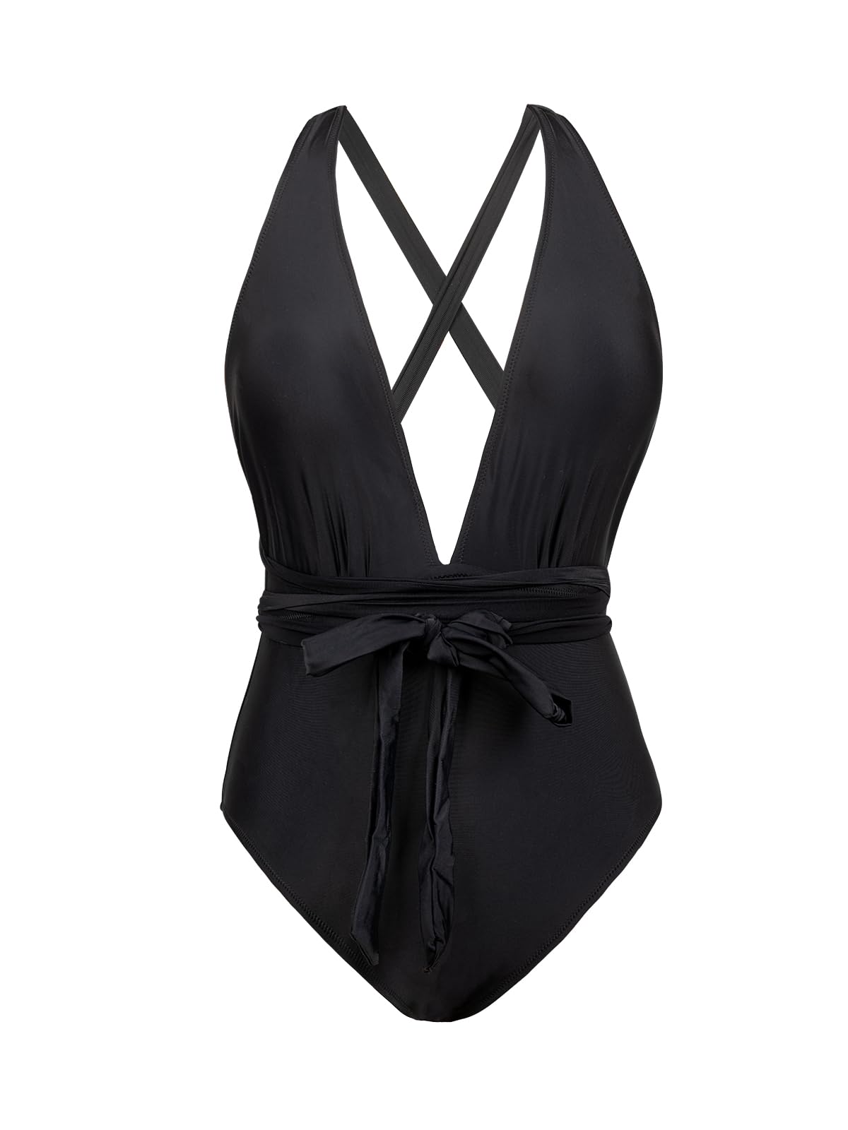 CUPSHE Women's One Piece Swimsuit Sexy Deep V Neck Black Tie Bathing Suit, M