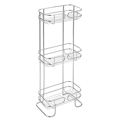 mDesign Rectangular Metal Bathroom Shelf Unit - Free Standing Vertical Storage for Organizing and Storing Hand Towels, Body Lotion, Facial Tissues, Bath Salts - 3 Shelves - Chrome