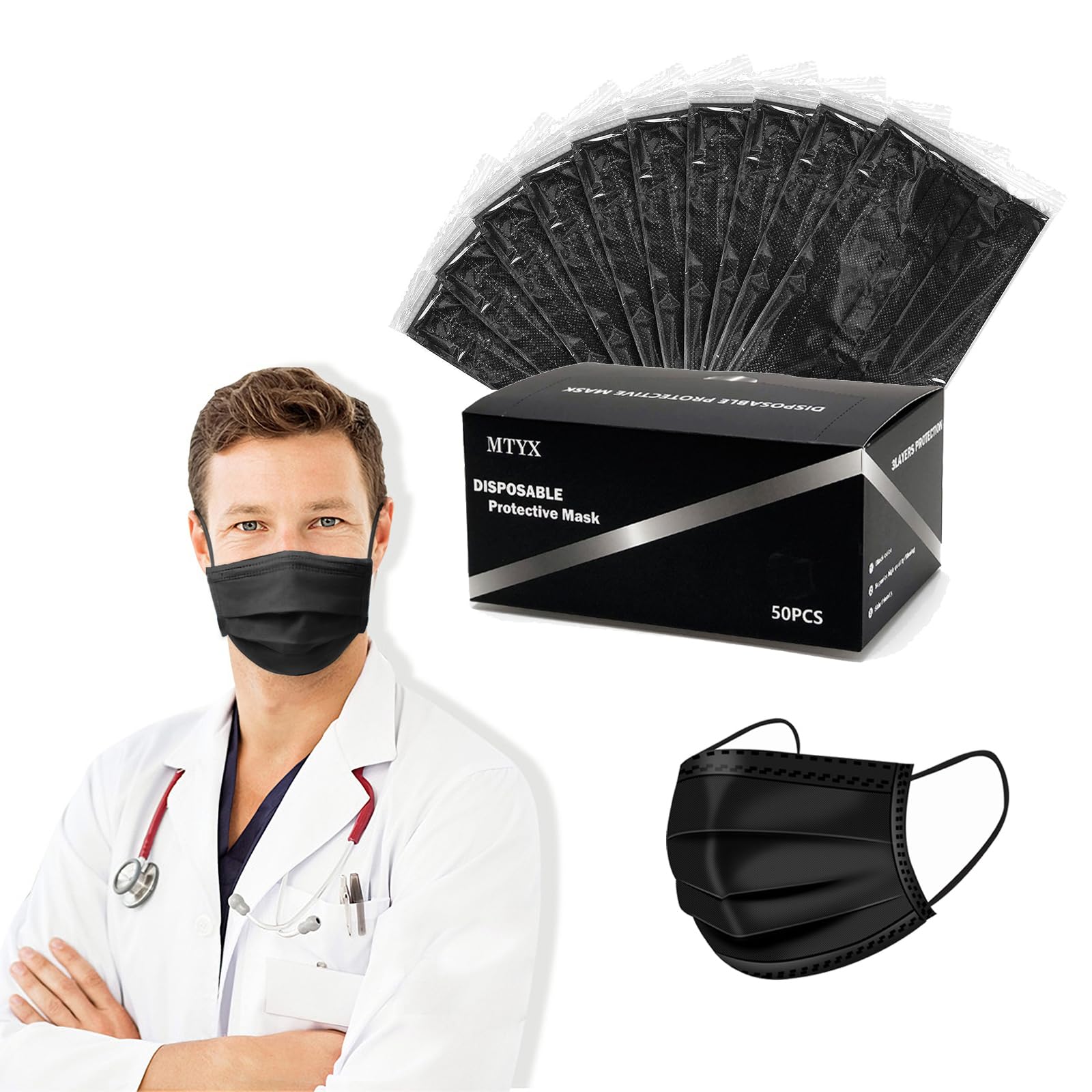 MTYX Black Disposable Face Masks 3 Ply 50PCS - Individually Wrapped - Durable - Odorless - Hygienic