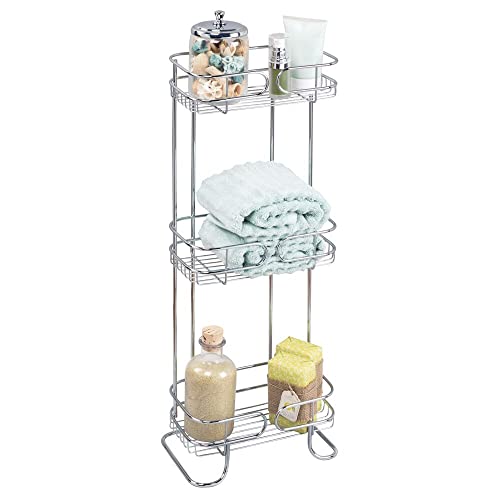 mDesign Rectangular Metal Bathroom Shelf Unit - Free Standing Vertical Storage for Organizing and Storing Hand Towels, Body Lotion, Facial Tissues, Bath Salts - 3 Shelves - Chrome