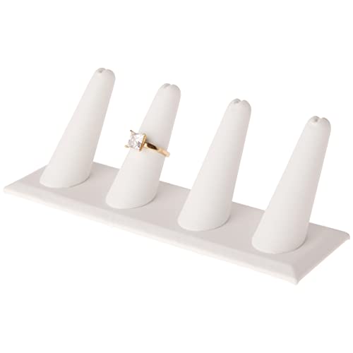 Plymor White Faux Leather Ring Finger Display, Four on Rectangular Base, 6" W x 2.125" D x 2.5" H