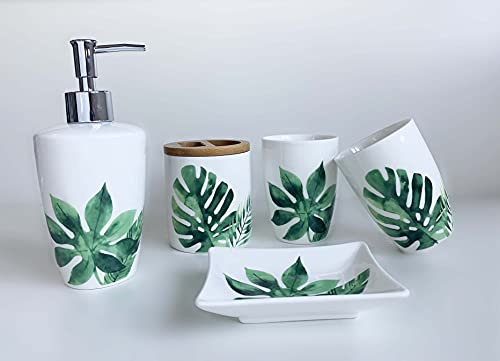 Ceramic Bathroom Sets,5 Pieces Bathroom Accessory Set-Lotion Dispenser,Toothbrush Holder,Tumbler & Soap Dish,Green Leaves Design Bath Ensemble (#2)
